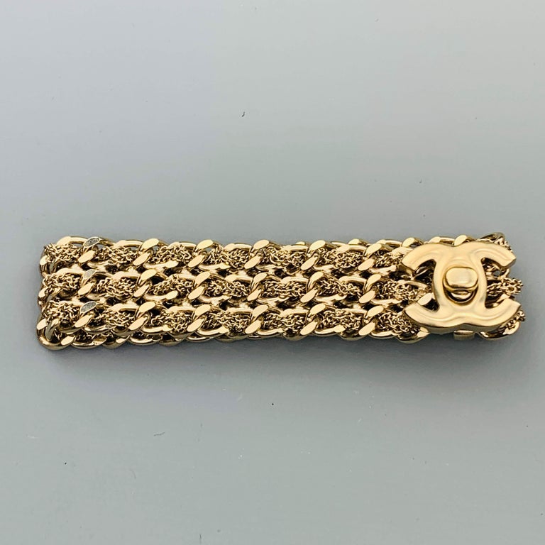 CHANEL Silver Tone Metal Woven Chain Link CC Turnlock Bracelet at 1stDibs