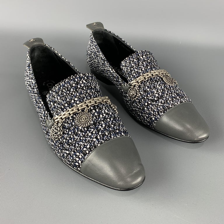 CHANEL Size 10.5 Grey Tweed Loafer Flats at 1stDibs | chanel tweed loafers