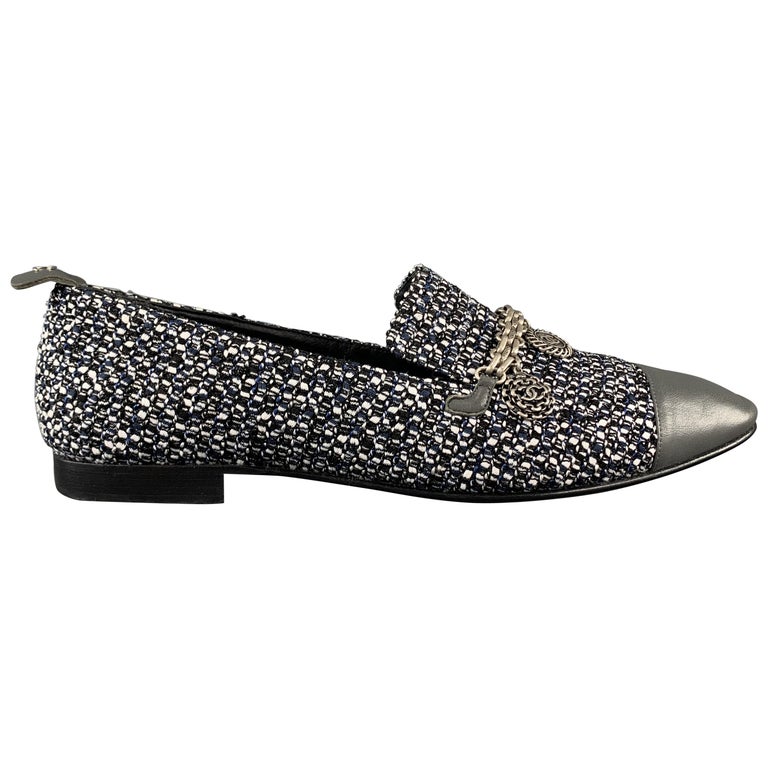 CHANEL Size 10.5 Grey Tweed Loafer Flats at 1stDibs | chanel tweed loafers