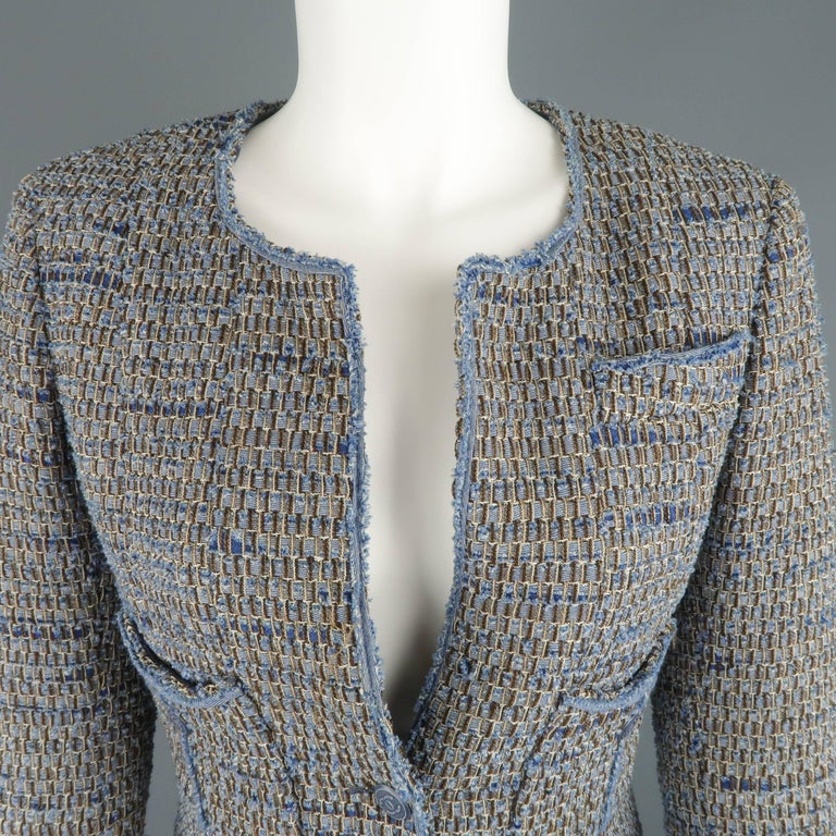 CHANEL Size 6 Blue Woven Raw Denim Collarless Cropped Jacket at 1stDibs