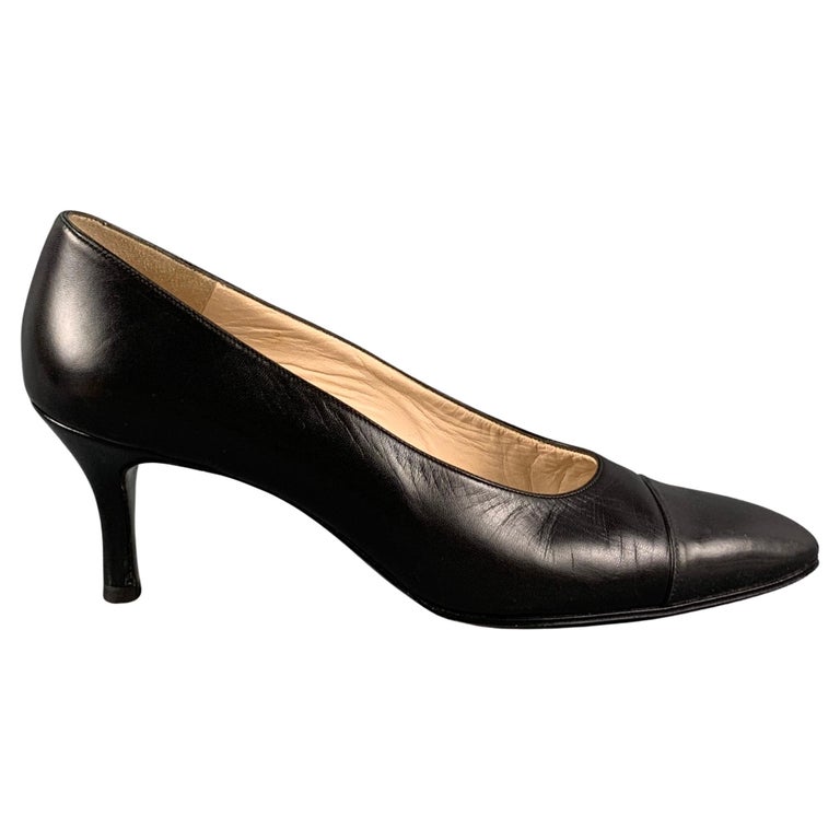CHANEL Size 7.5 Black Leather Cap Toe Pumps For Sale at 1stDibs