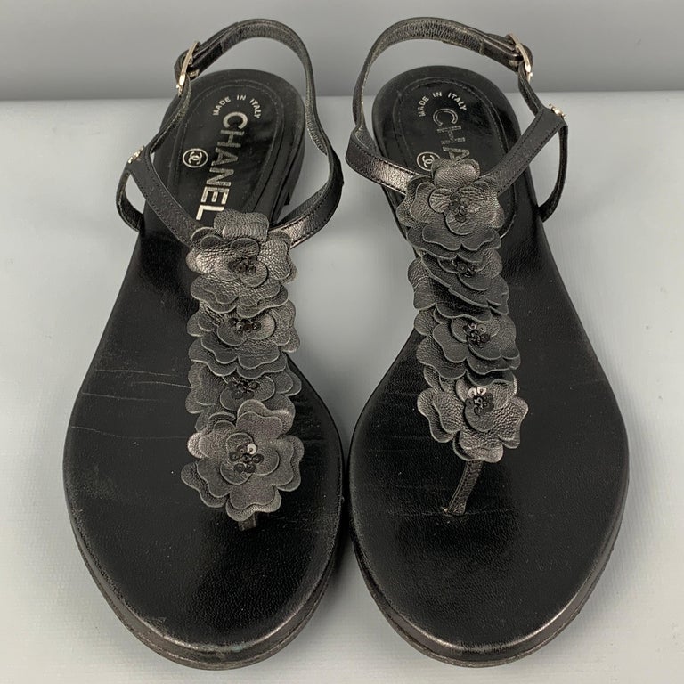 CHANEL Size 7.5 Black Leather Flower Applique Flat Sandals For Sale at ...