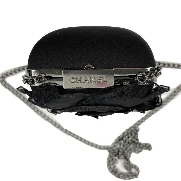 CHANEL- Small Camellia Box Frame Crossbody Satin / Lace / Gun-metal ...