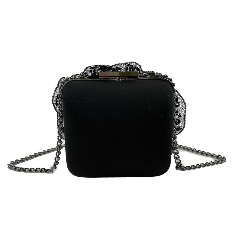 CHANEL- Small Camellia Box Frame Crossbody Satin / Lace / Gun-metal ...