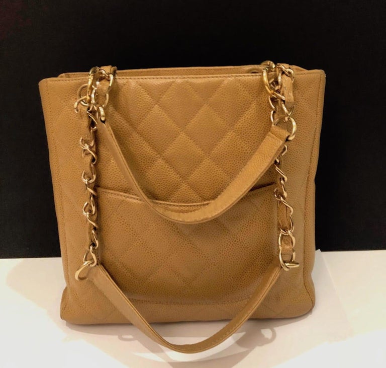 CHANEL Small Petit Shopping Tote Bag Gold Tone Caviar Leather in Camel ...