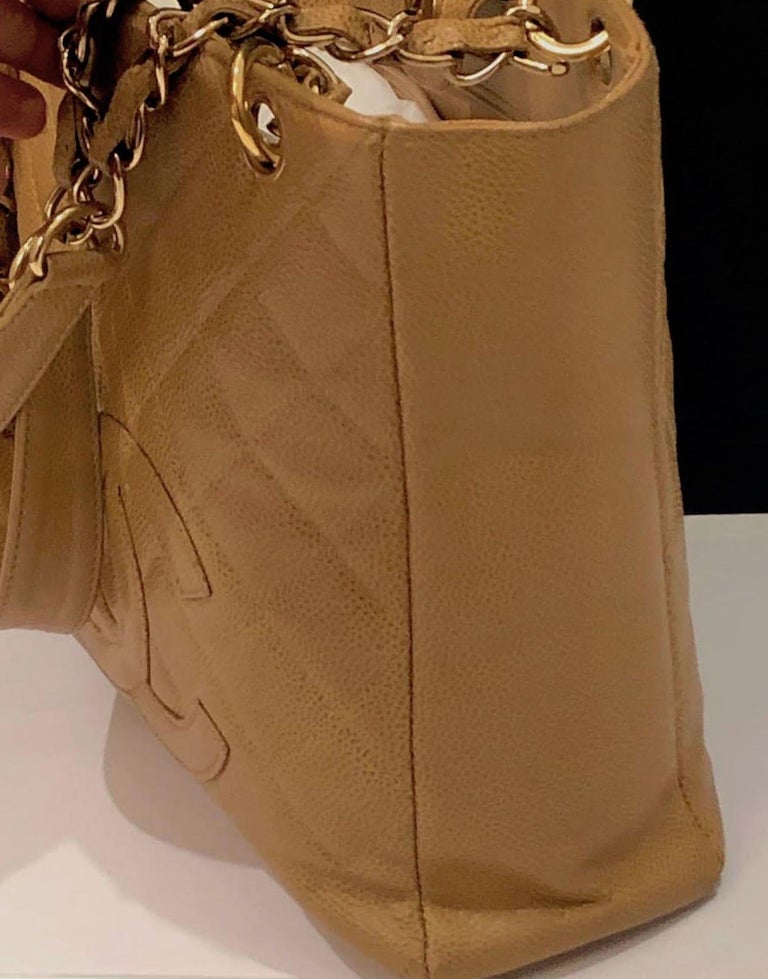 CHANEL Small Petit Shopping Tote Bag Gold Tone Caviar Leather in Camel ...