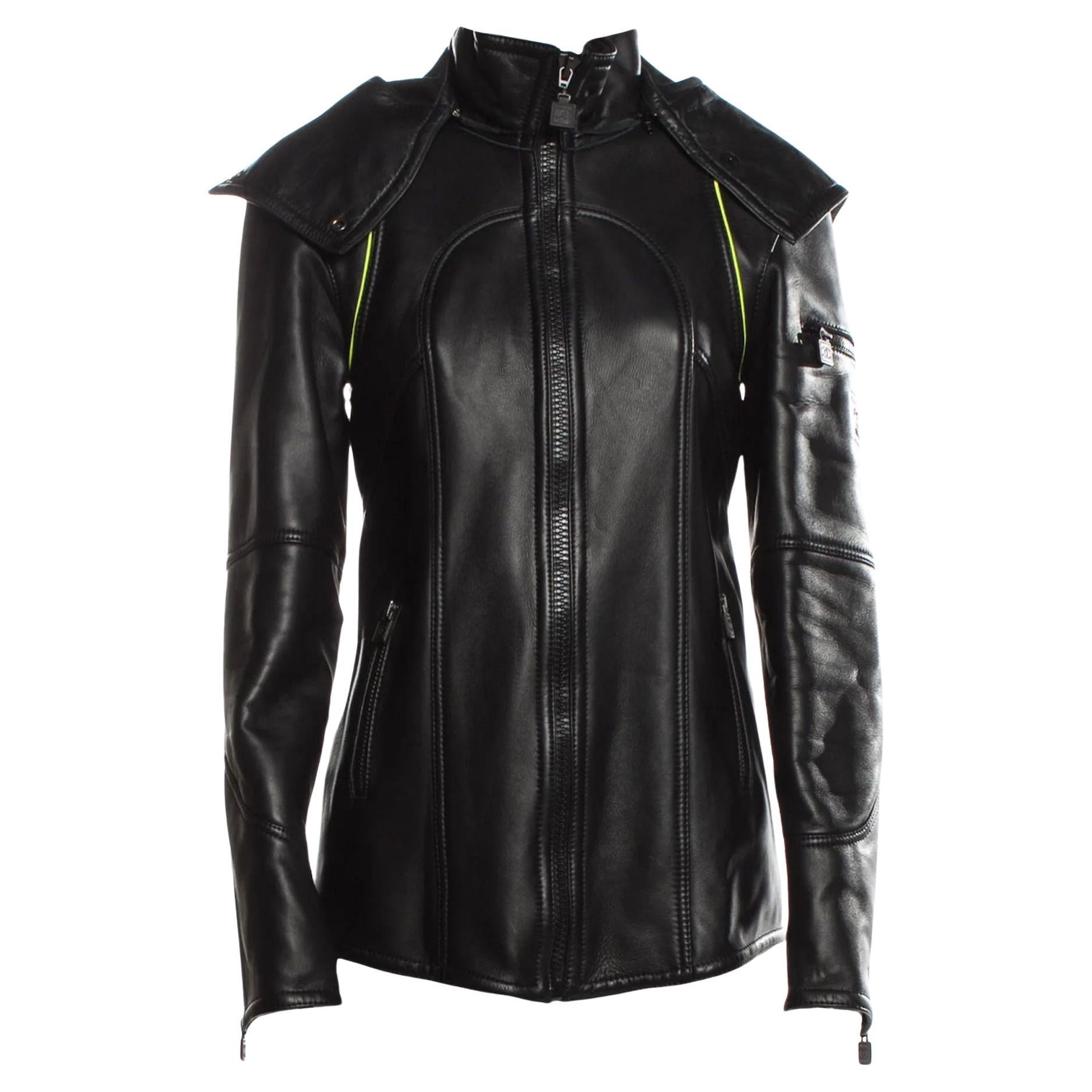 Chanel Sport Biker Runway Hooded Leather Jacket M US8 FR 40 For Sale at ...