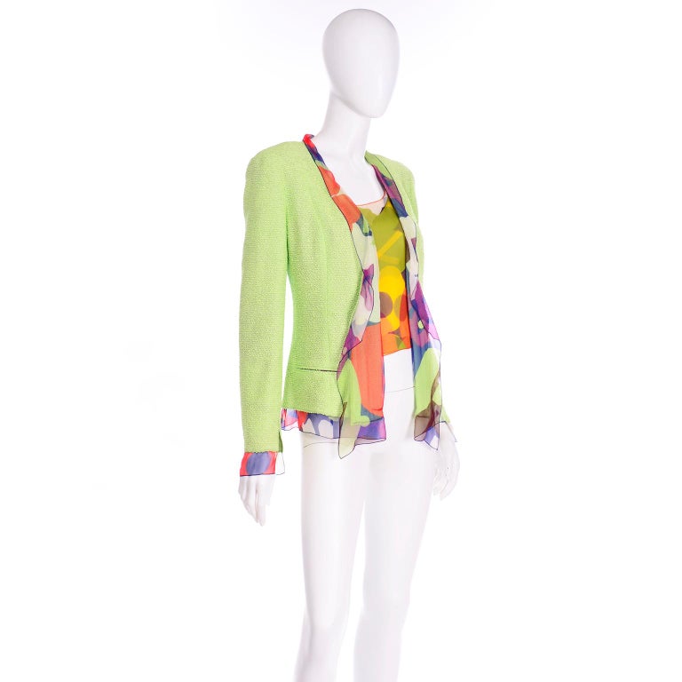 Chanel Spring 2000 Green Boucle Jacket With Camellia Flower Silk CC ...