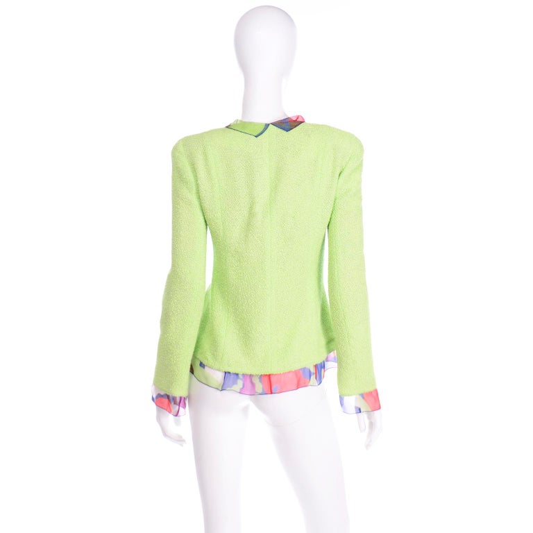 Chanel Spring 2000 Green Boucle Jacket With Camellia Flower Silk CC ...