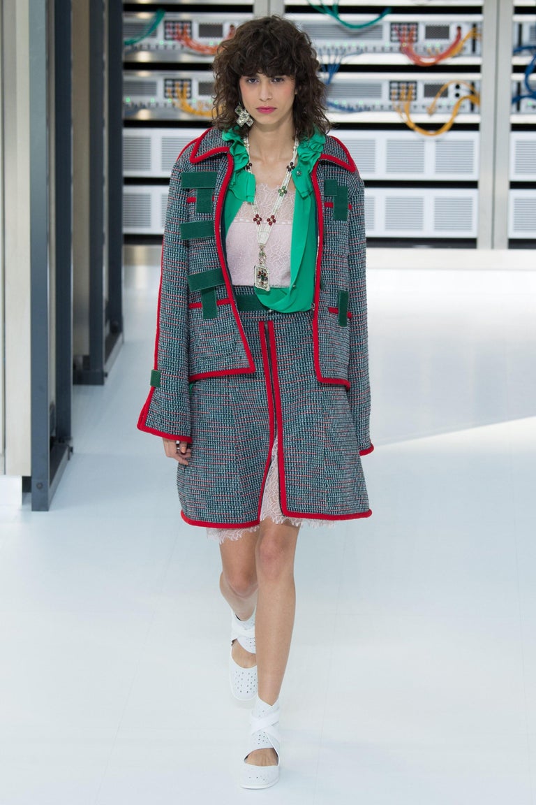 Chanel Spring 2017 Runway Turquoise Blue Silk Ruffle Cold Shoulder ...