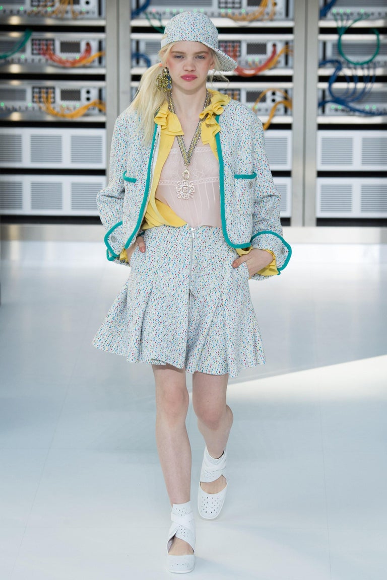Chanel Spring 2017 Runway Turquoise Blue Silk Ruffle Cold Shoulder ...