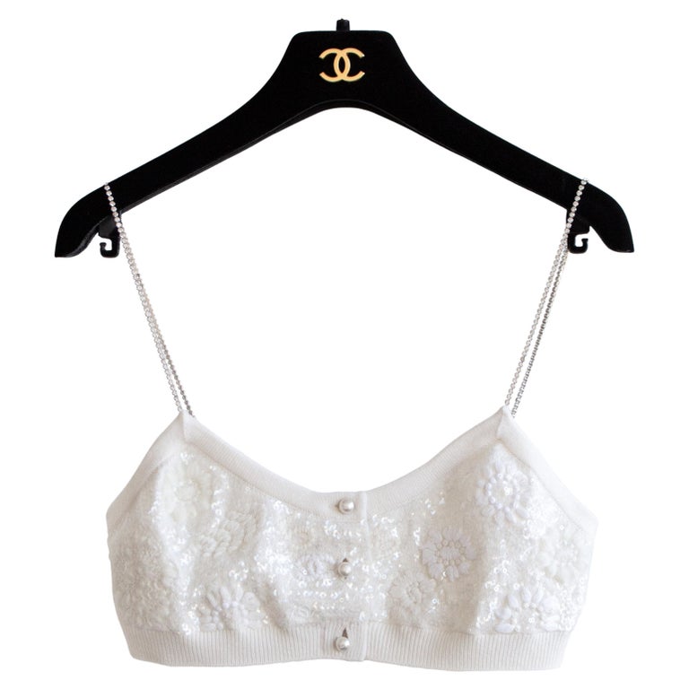 Chanel Spring 2021 White Embellished CC Pearl Cashmere 21P Crop Top For ...