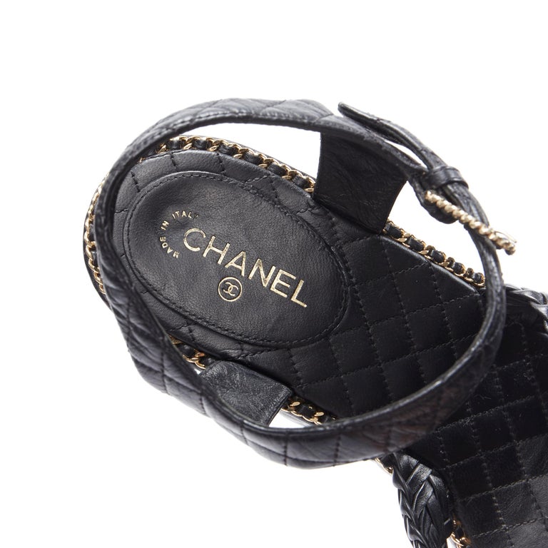 CHANEL SS15 black braided leather 2.55 chain diamond quilted wedge ...