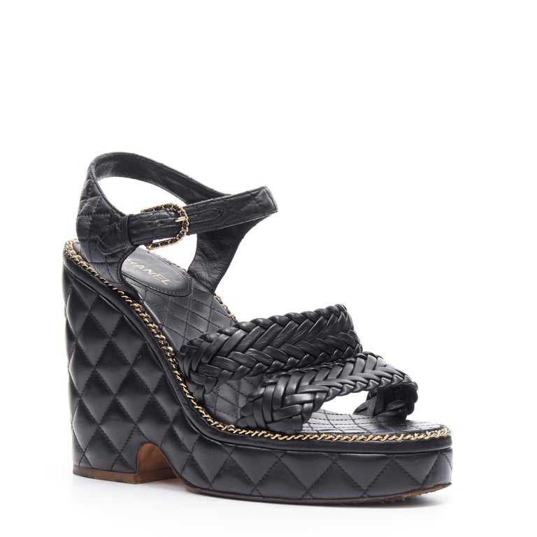 CHANEL SS15 black braided leather 2.55 chain diamond quilted wedge ...