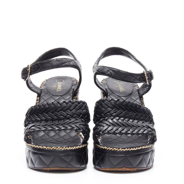 CHANEL SS15 black braided leather 2.55 chain diamond quilted wedge ...