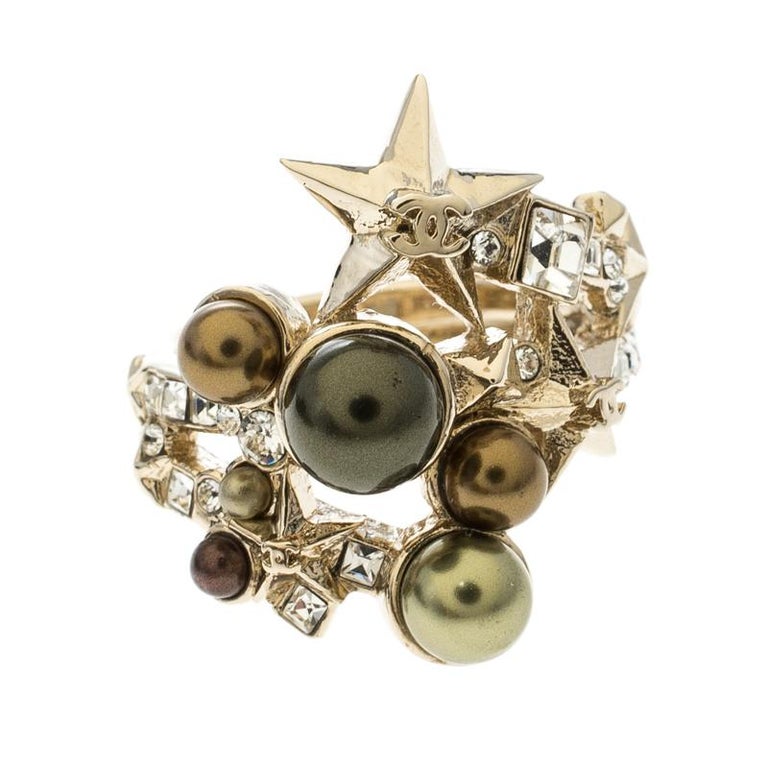 Chanel Star Comete Crystal Faux Pearl Gold Tone Ring Size 51 For Sale ...