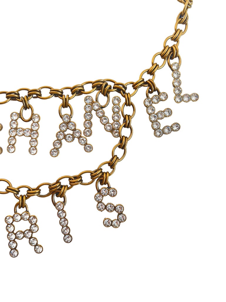 Chanel Strass Gold Crystal Spelt Out Necklace For Sale at 1stDibs