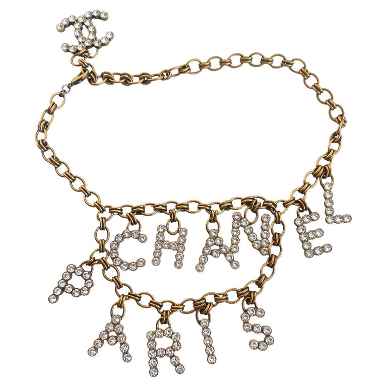 Chanel Strass Gold Crystal Spelt Out Necklace For Sale at 1stDibs