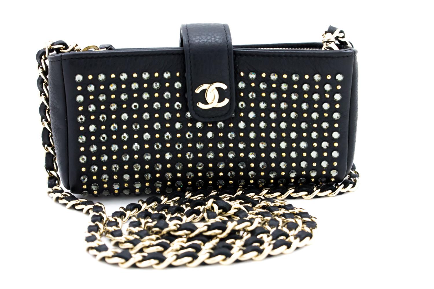 CHANEL Studs Rhinestone Mini Chain Shoulder Bag Black Crossbody Leather ...