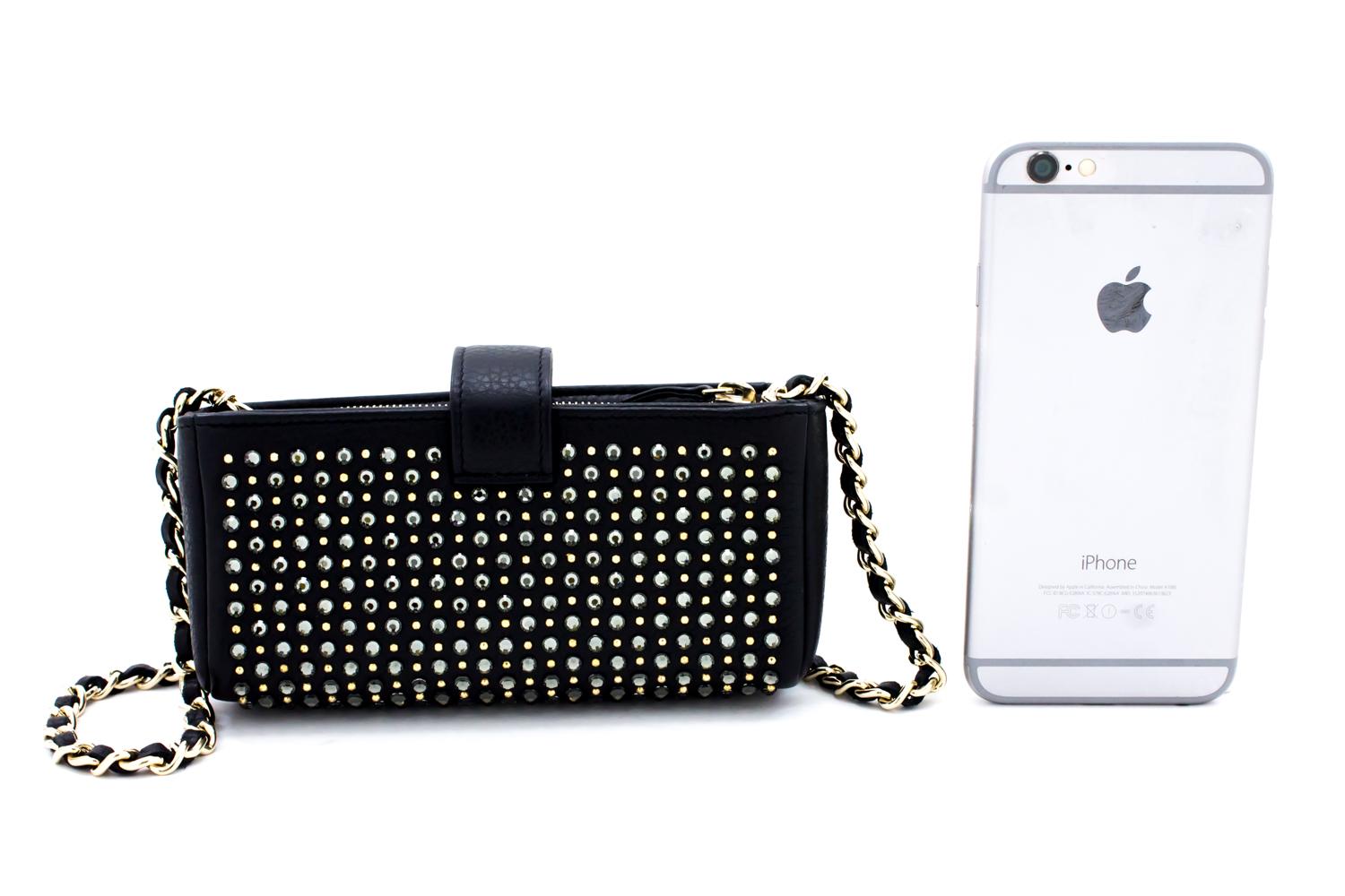 CHANEL Studs Rhinestone Mini Chain Shoulder Bag Black Crossbody Leather ...