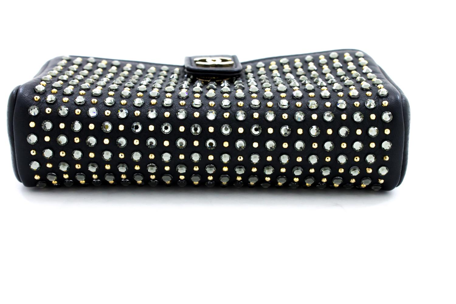 CHANEL Studs Rhinestone Mini Chain Shoulder Bag Black Crossbody Leather ...