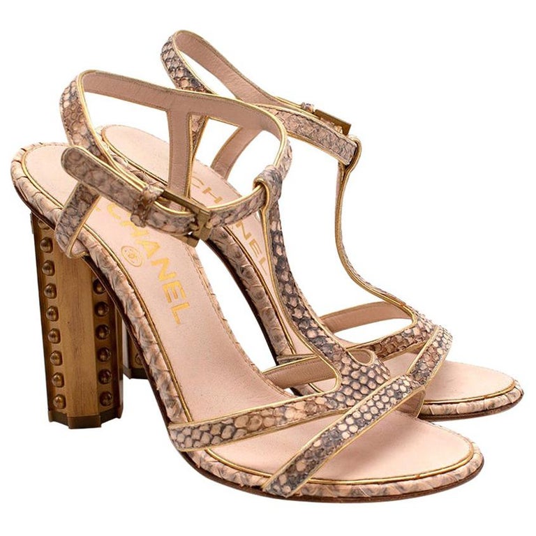 Chanel T-Strap Nude Python Heeled Sandals - EU 36 For Sale at 1stDibs