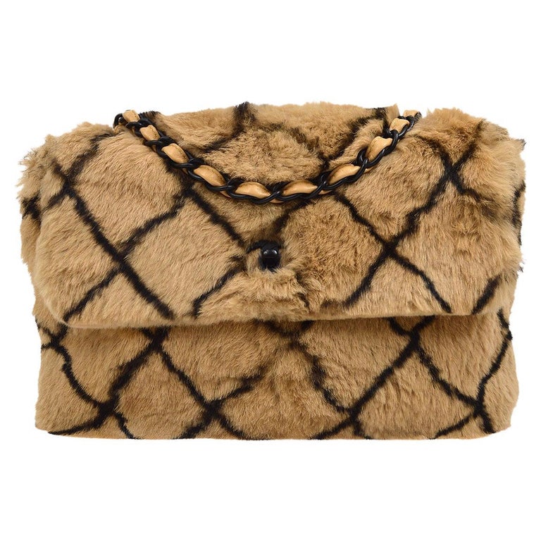 CHANEL Tan Beige Black Stitch Fur Black Hardware Medium Shoulder Flap ...