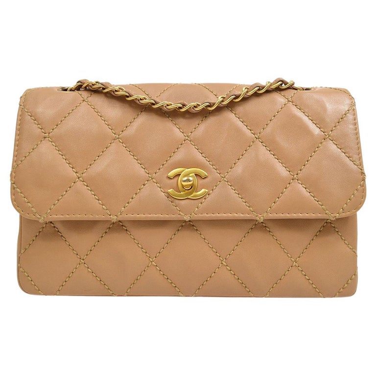 CHANEL Tan Beige Nude Calfskin Leather Stitch Gold Medium Shoulder Flap ...