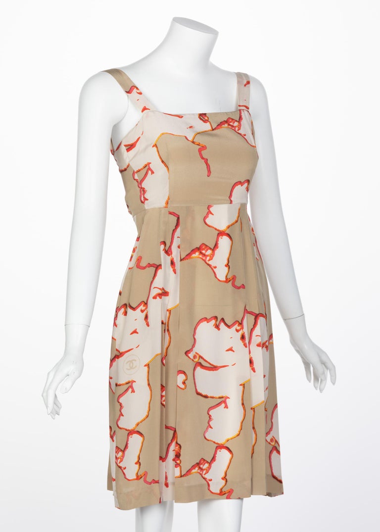 Chanel Taupe Silk Sleeveless Faces Print Dress Collectors Spring 2000 ...