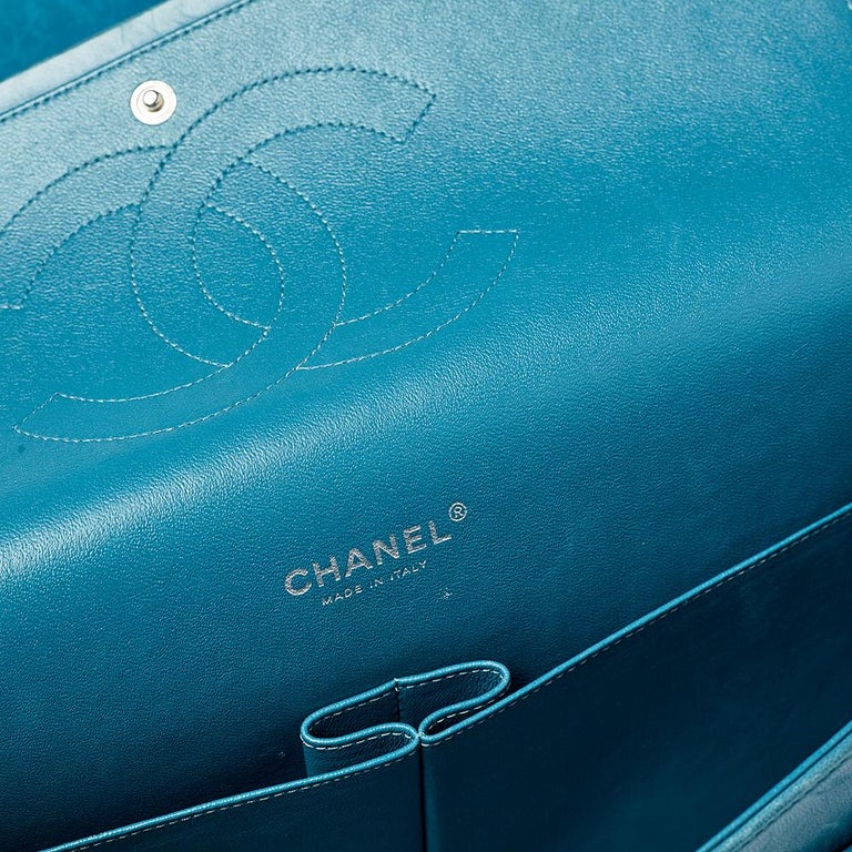 Chanel Teal Quilted Leather Maxi Camellia Applique Double Flap Bag at ...