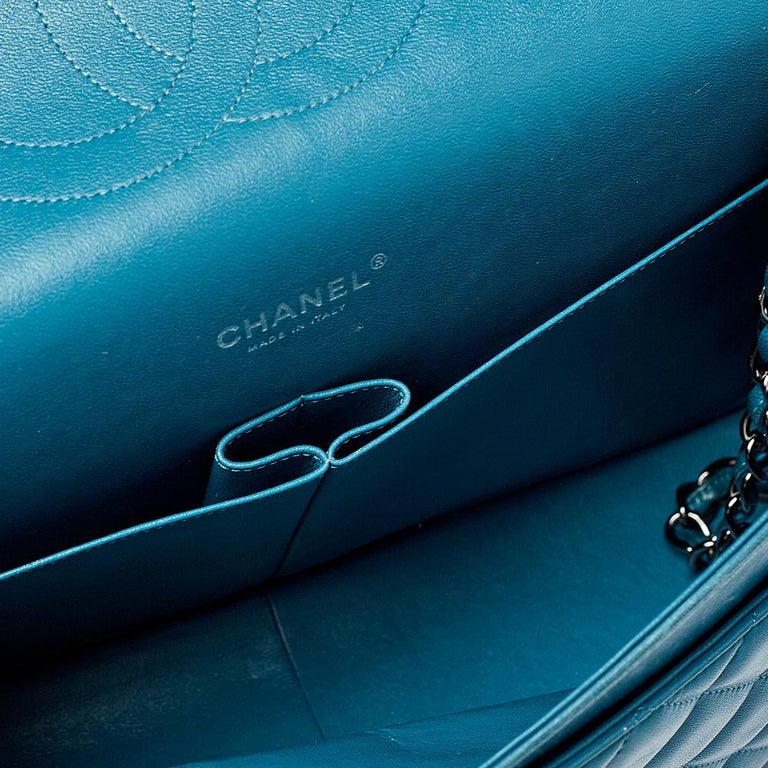 Chanel Teal Quilted Leather Maxi Camellia Applique Double Flap Bag at ...