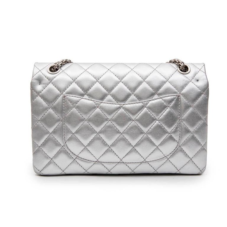 CHANEL 'Timeless' Double Flap Bag in Silver Quilted Leather at 1stdibs