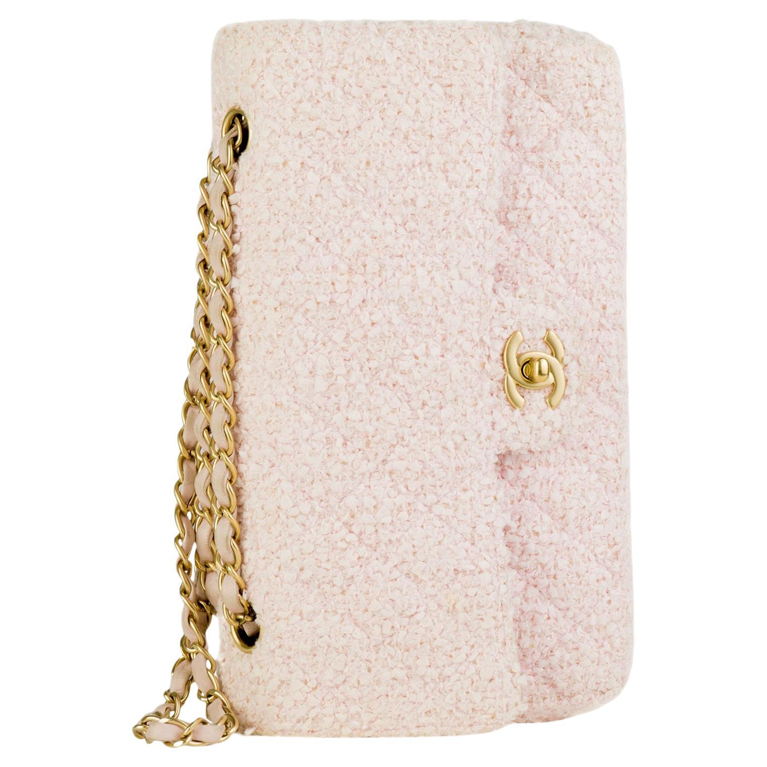 Chanel Timeless Iconic Soft Pink Tweed Medium Classic Flap Shoulder Bag ...