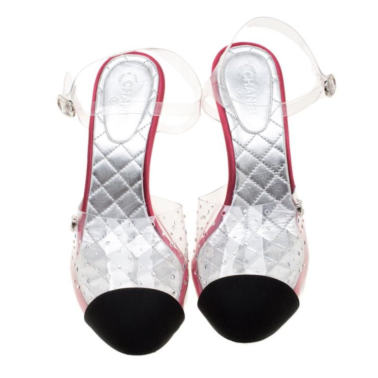 Chanel Tricolor PVC And Fabric Cap Toe Slingback Sandals Size 38.5 For ...