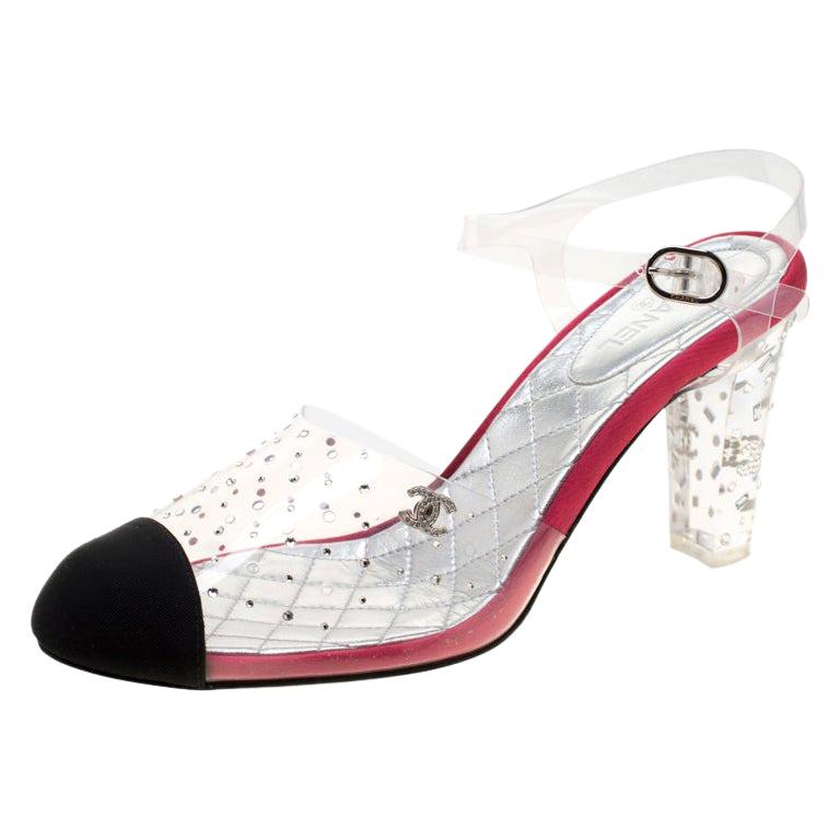 Chanel Tricolor PVC And Fabric Cap Toe Slingback Sandals Size 38.5 For ...