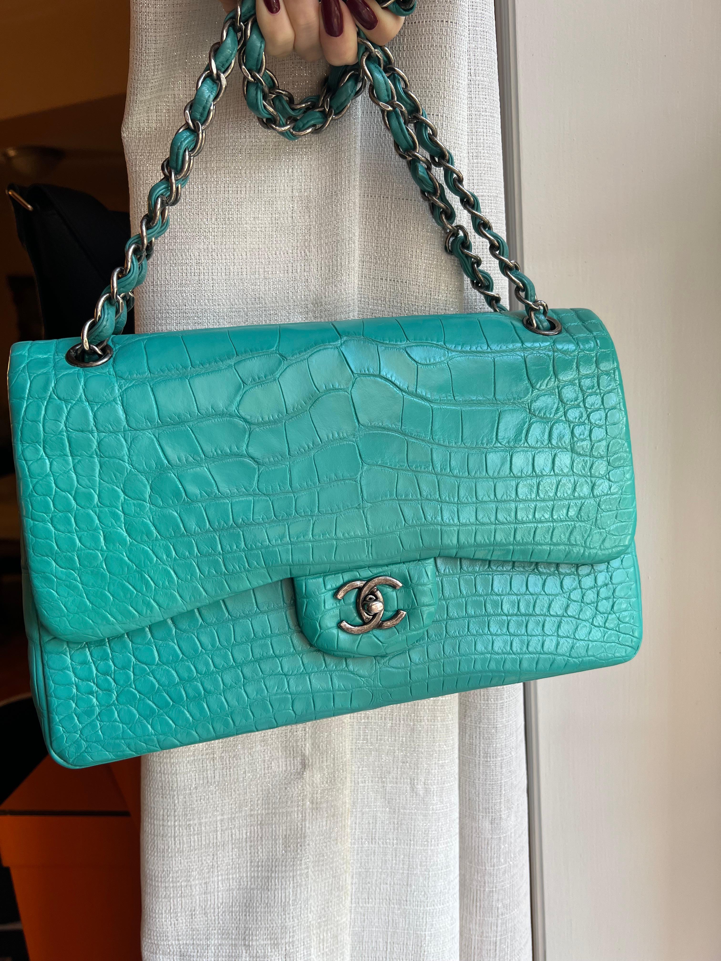 Chanel Turquoise Alligator Jumbo Double Flap Bag For Sale at 1stDibs