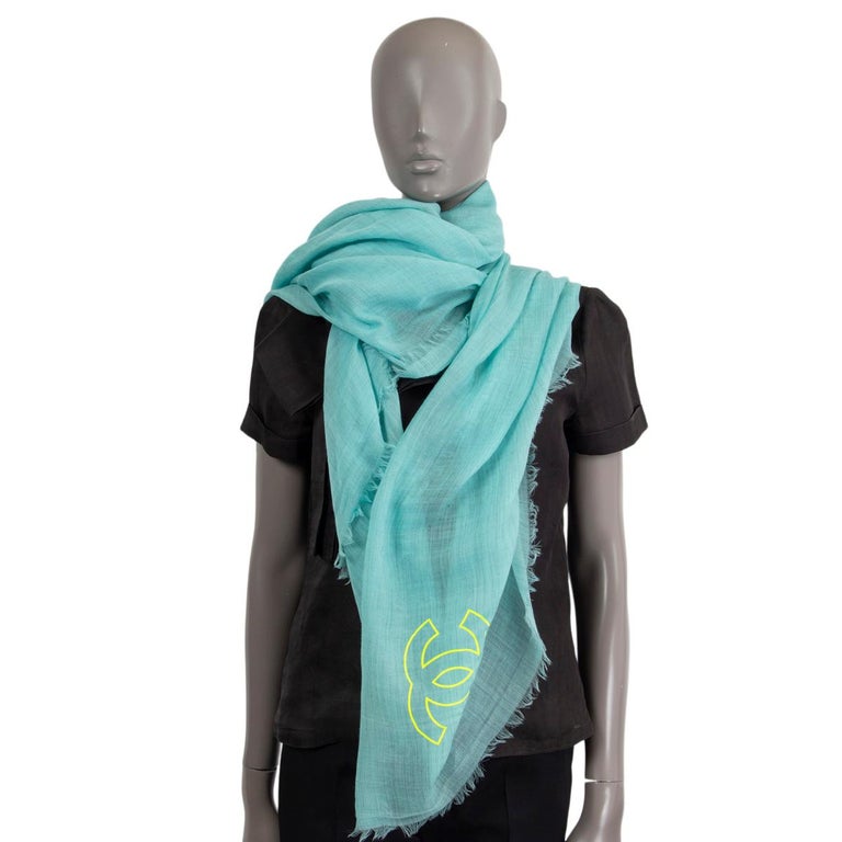 CHANEL turquoise cashmere and silk NEON CC Shawl Scarf For Sale at 1stDibs