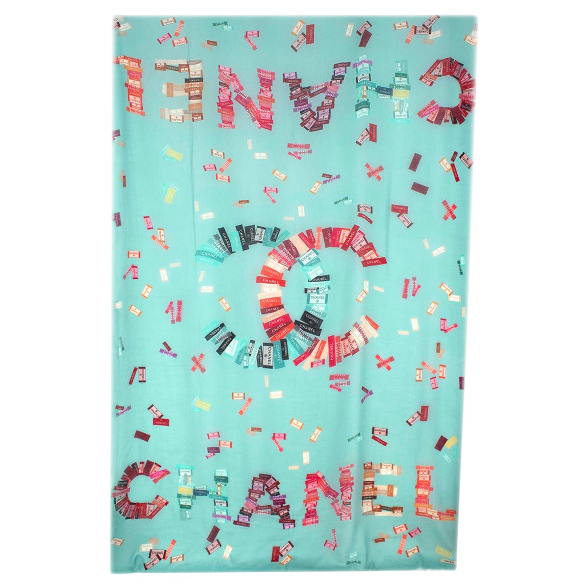 Chanel Turquoise CC Labels Print Cashmere Pareo/Stole For Sale at 1stDibs