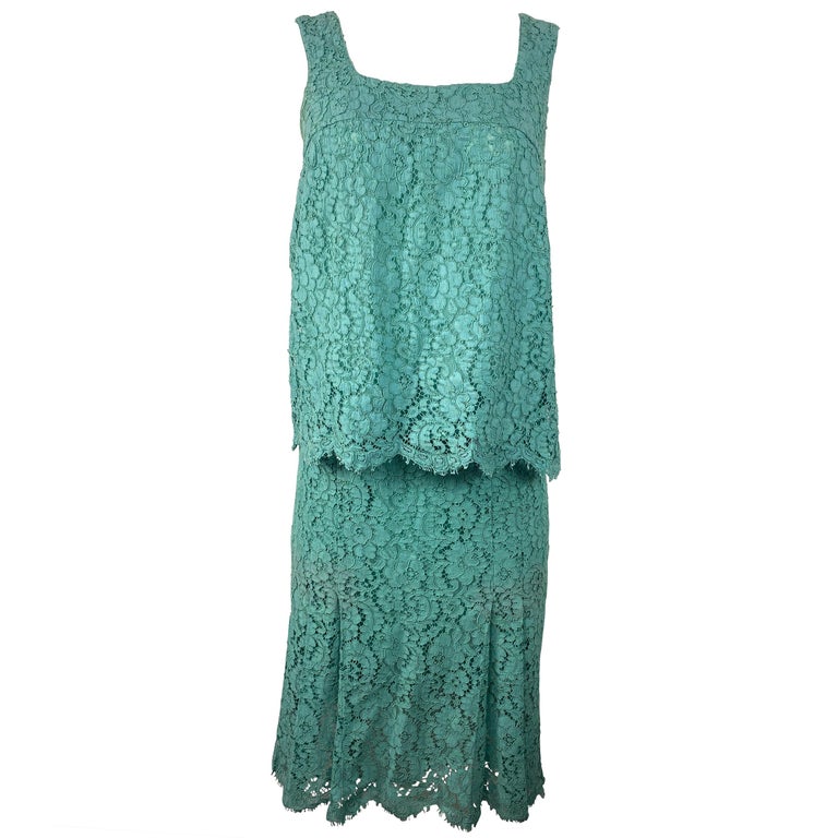 Chanel Turquoise Floral Lace Top and Skirt Set Size 40 For Sale at ...