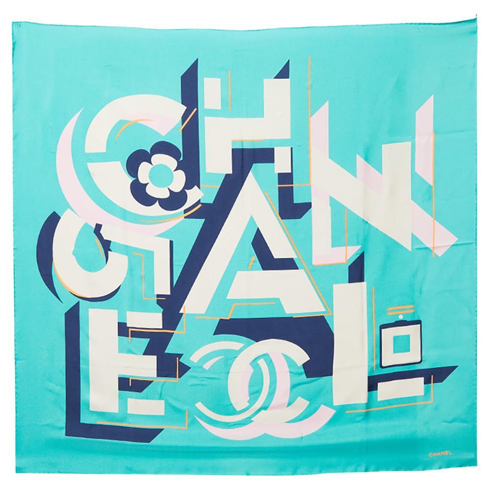 Chanel Green Geometric Logo Silk Scarf For Sale at 1stDibs