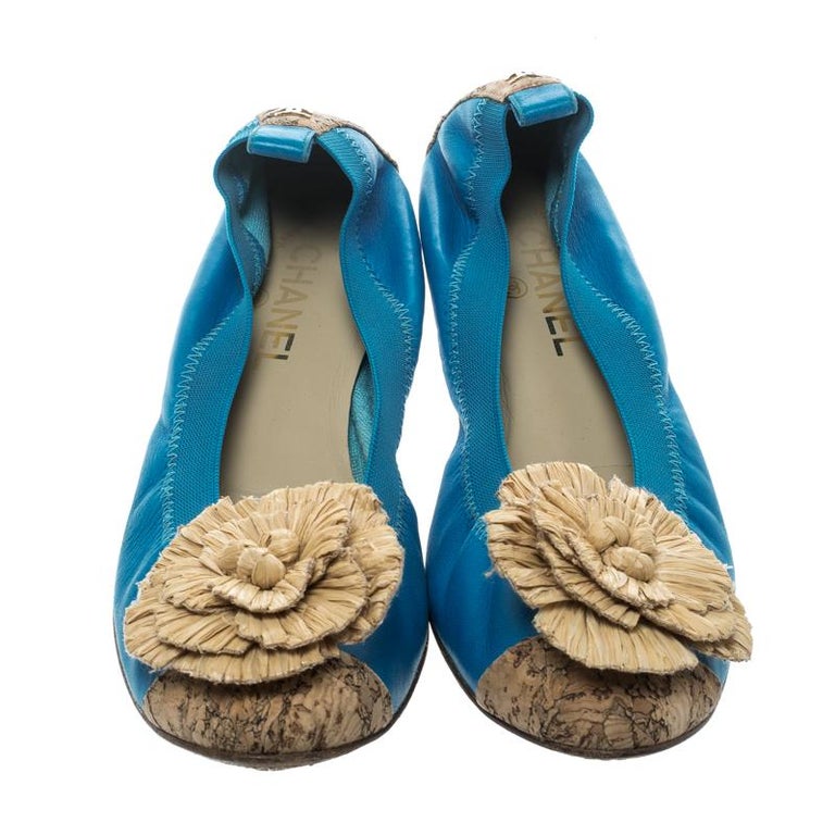 Chanel Turquoise Leather Cork Cap Toe and Raffia Camelia Ballet Flats ...