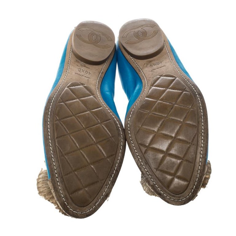 Chanel Turquoise Leather Cork Cap Toe and Raffia Camelia Ballet Flats ...