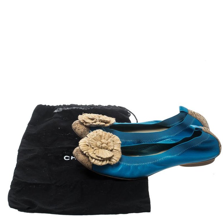 Chanel Turquoise Leather Cork Cap Toe and Raffia Camelia Ballet Flats ...