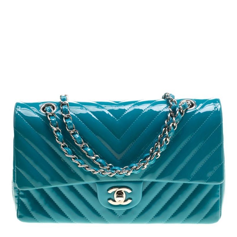 Chanel Turquoise Quilted Patent Leather Small Chevron Classic Double ...