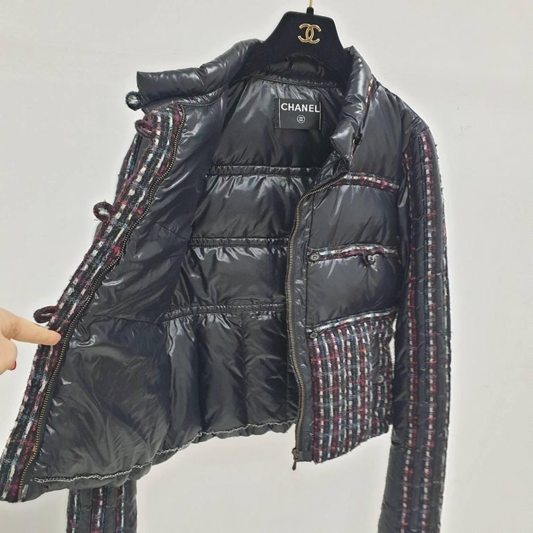 Chanel Tweed and Polyamide Down Puffer Jacket For Sale at 1stDibs