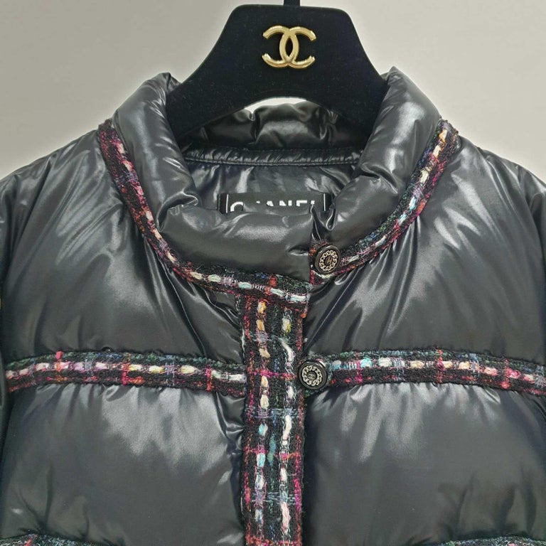 Chanel Tweed and Polyamide Down Puffer Jacket For Sale at 1stDibs