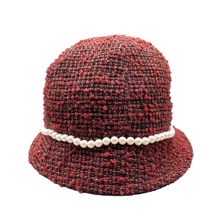 CHANEL Tweed Boucle Bucket Hat Pearls / Maroon / CC Logo Size 57 For ...