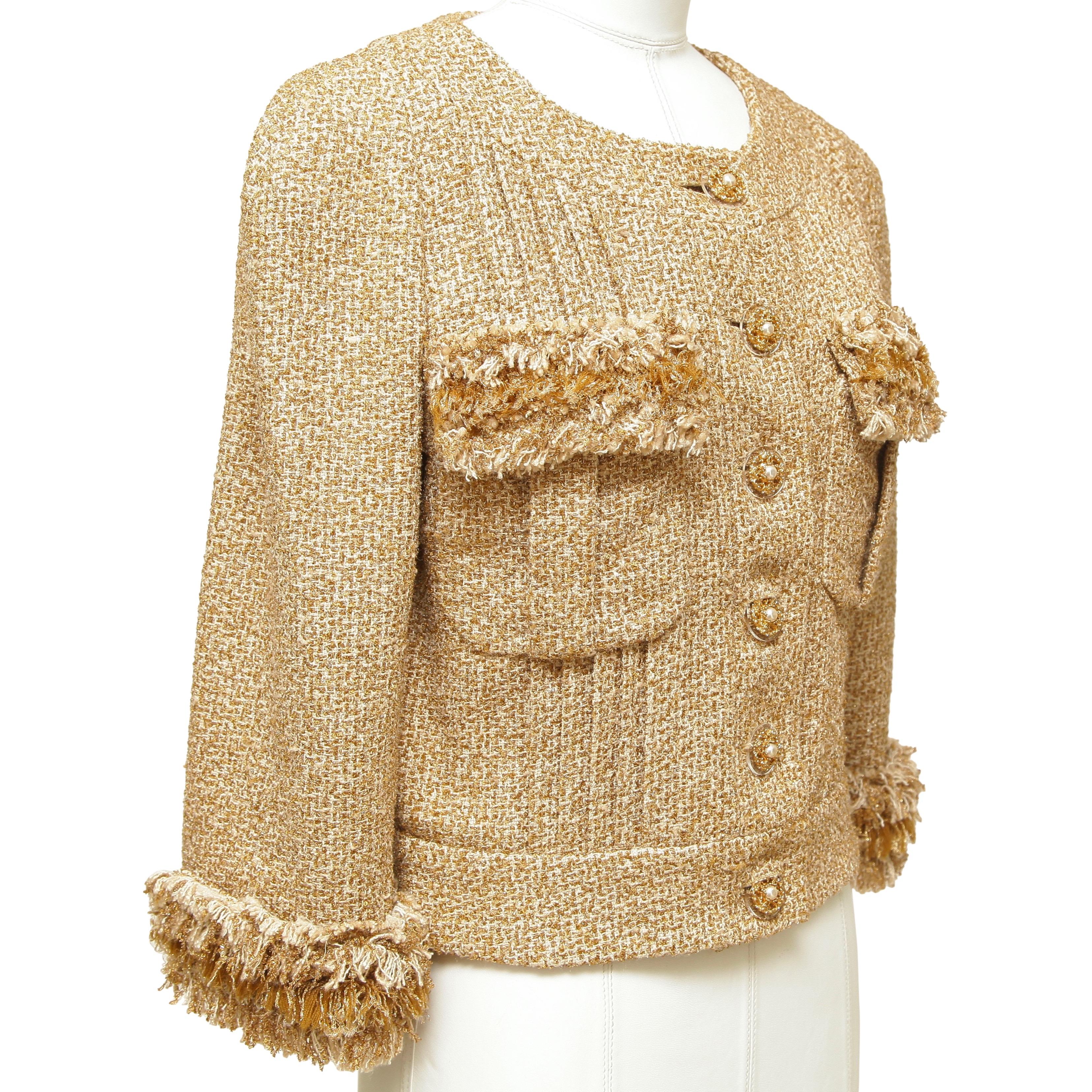 CHANEL Tweed Jacket Blazer Gold Cropped 3/4 Sleeve Pearl Buttons Sz 40 ...