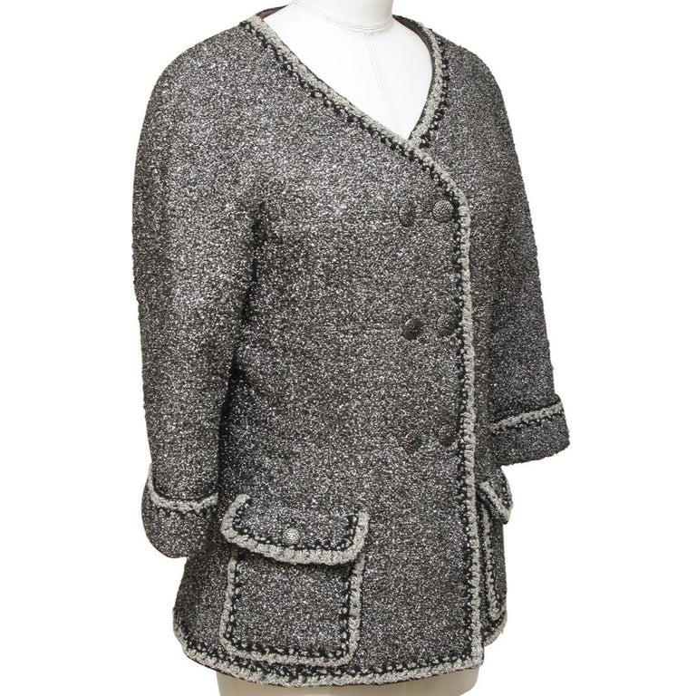 CHANEL Tweed Jacket Coat Silver Metallic 3/4 Sleeve Double Breast 2014 ...