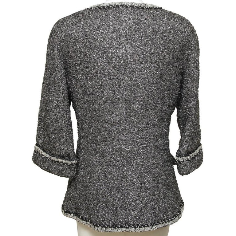CHANEL Tweed Jacket Coat Silver Metallic 3/4 Sleeve Double Breast 2014 ...